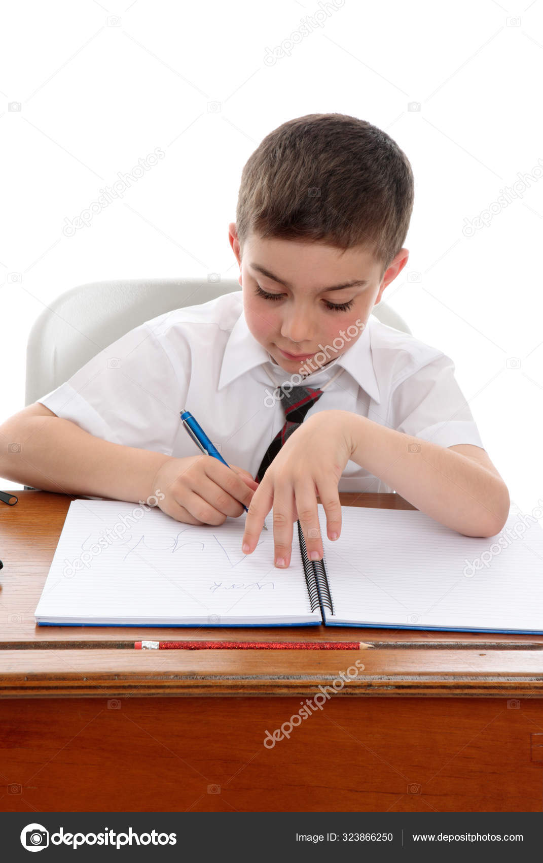 Conscientious Young Boy Writing Book White Background Stock Photo by ...