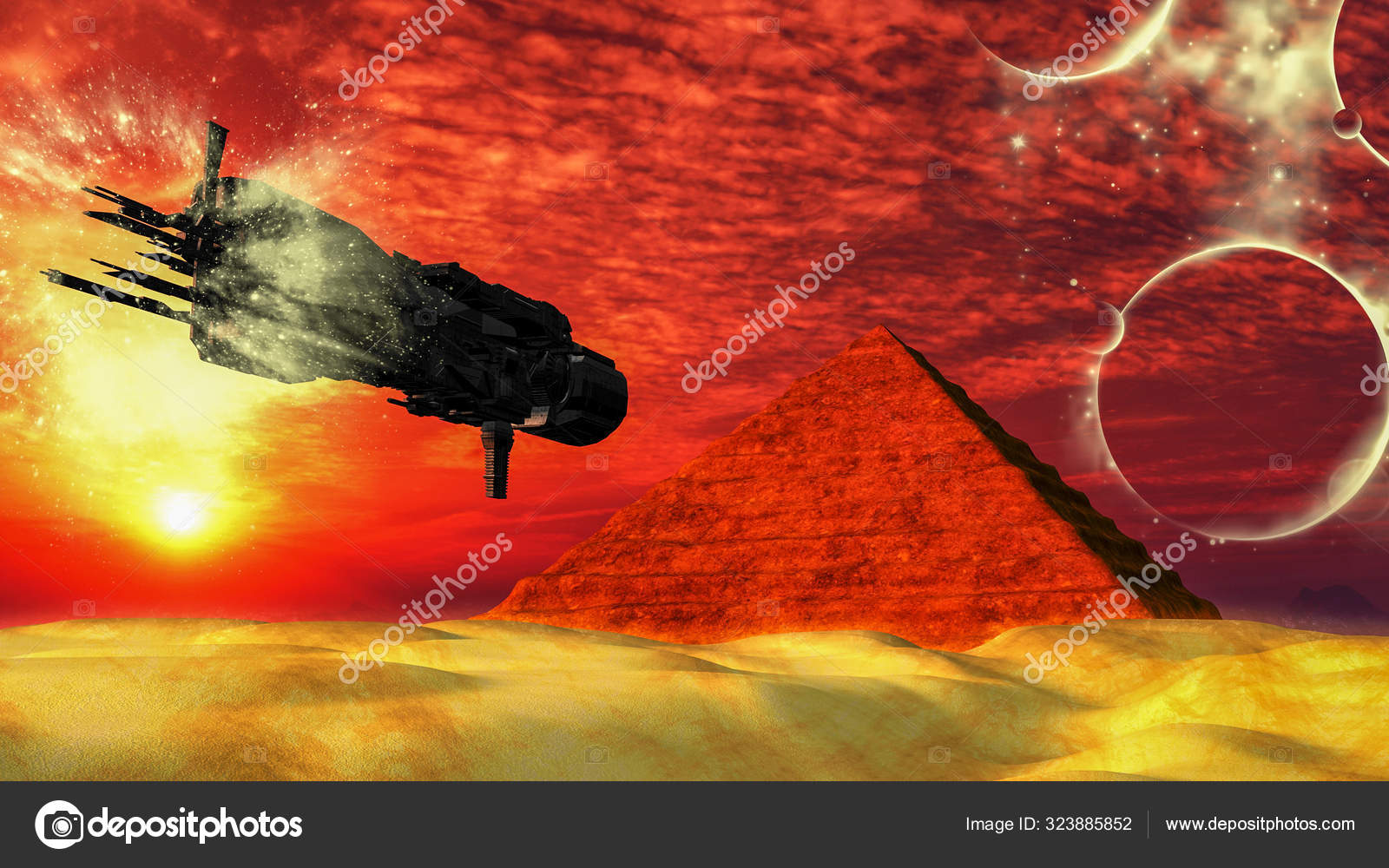 Ufo Spaceship Flying Pyramid Desert Fantasy Alien Illustration ...