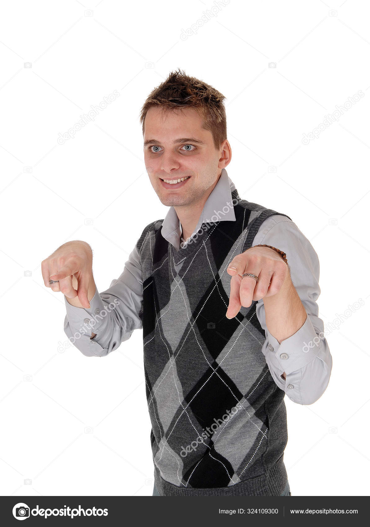 Handsome Young Man Standing Pointing His Fingers Direction Photographer ...