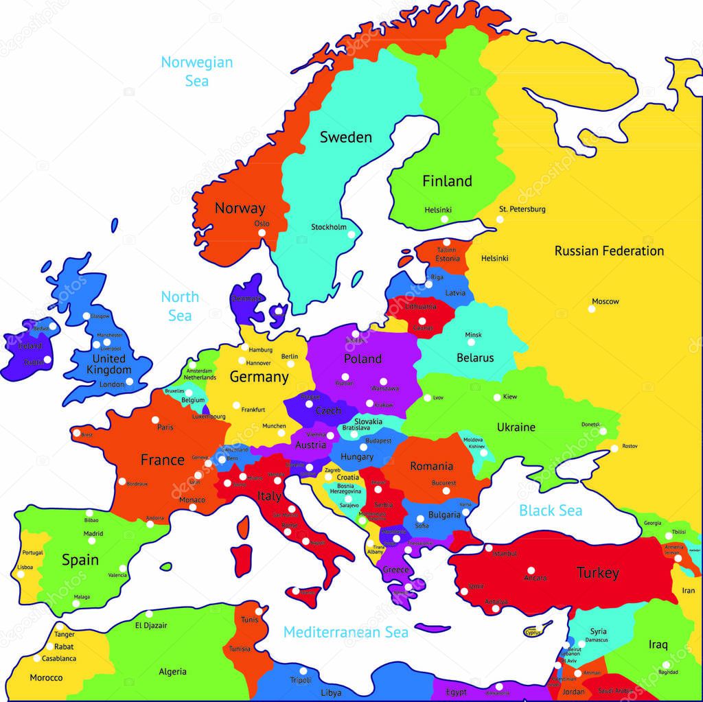 Mapa multicolor de Europa. Los nombres, las marcas de las ciudades y ...