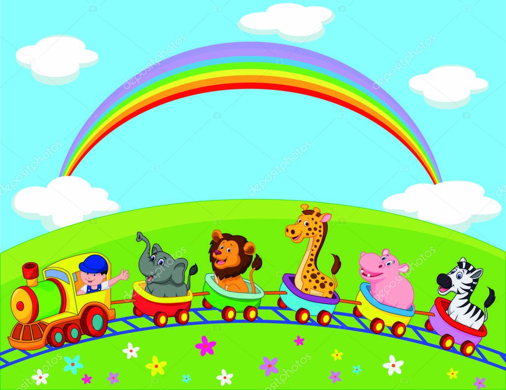 Ilustración vectorial de dibujos animados tren animal 2024