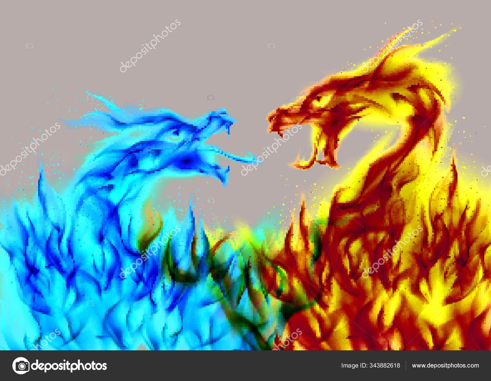 Abstract Blue Red Fiery Dragons Illustration Black Background Design ...