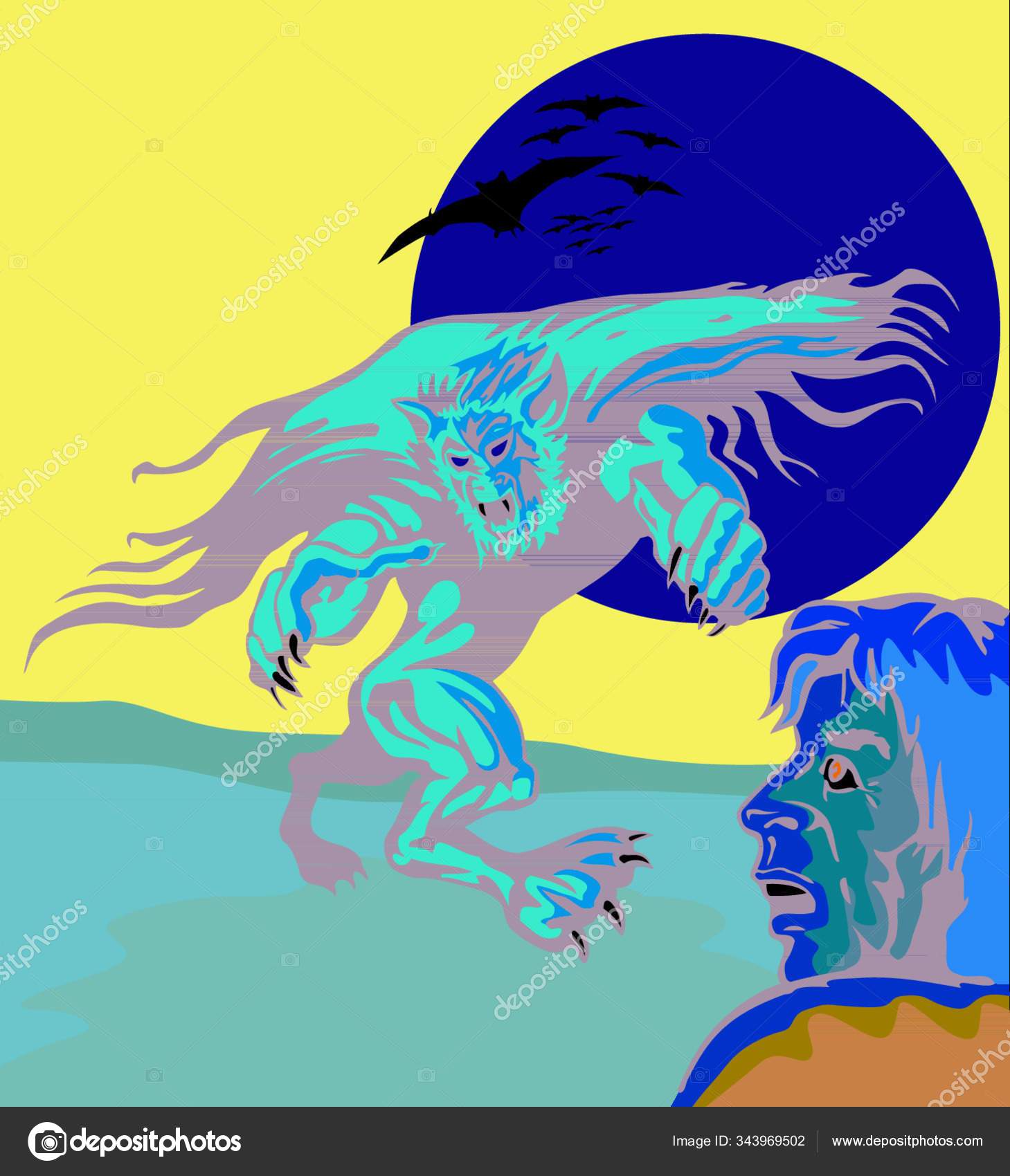 Illustration Man Looking Werewolf Bats Full Moon Background Done Retro ...