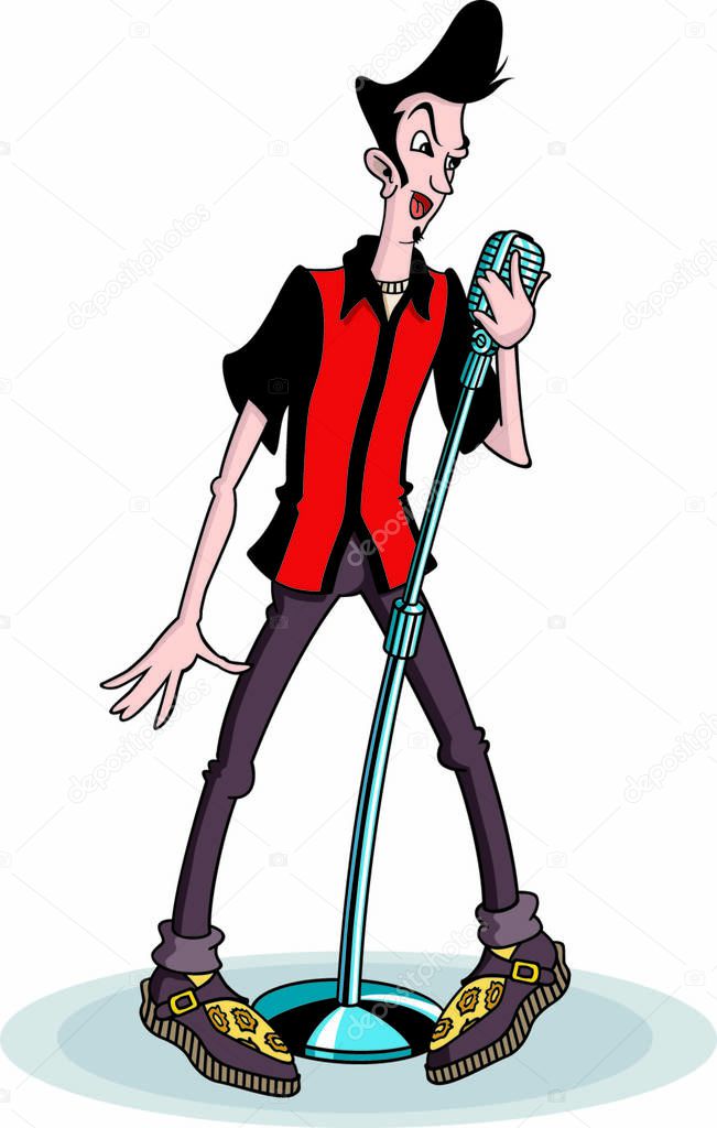 Caricatura vectorial de un cantante con un micrófono vintage 2024