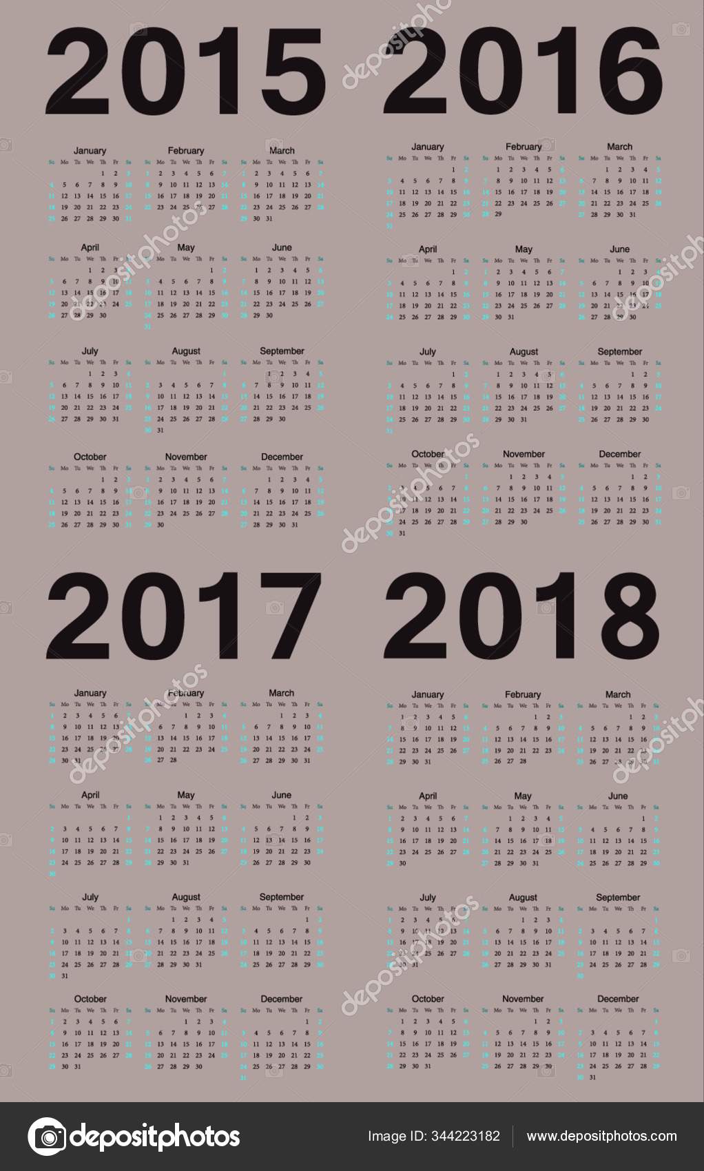Simple Black European 2015 2016 2017 2018 Year Vector Calendars Stock ...