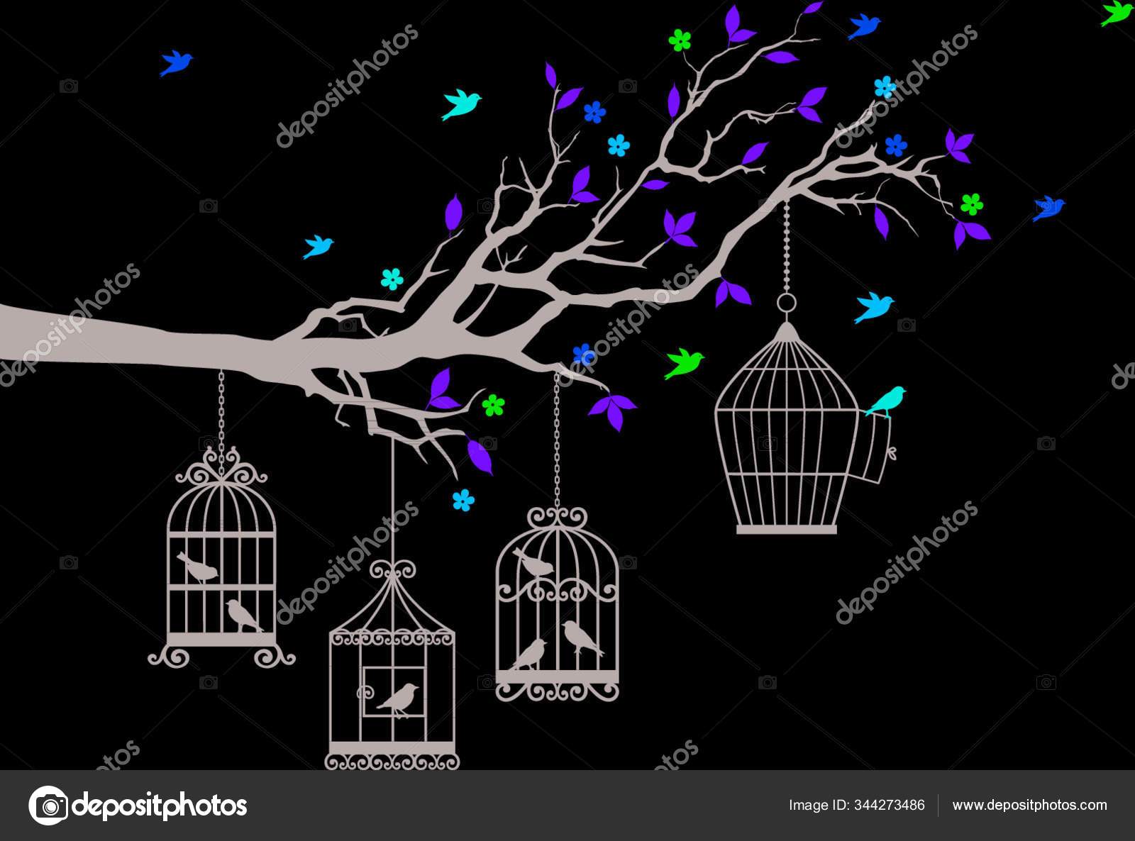Freedom Tree Branch Birds Open Birdcage Vector Illustration Stock ...