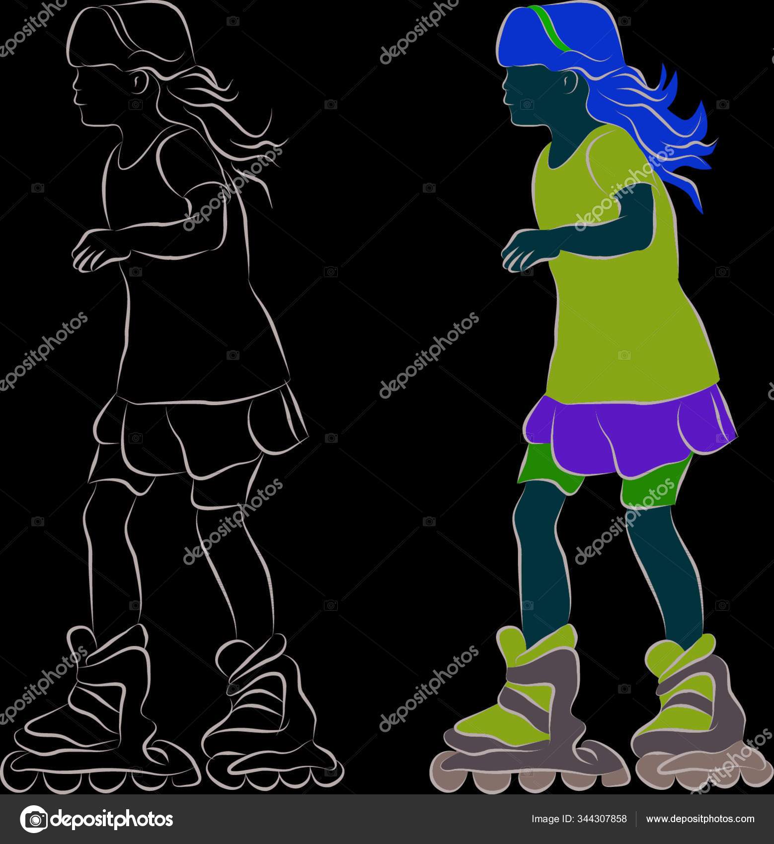 Image Rollerblading Little Girl Line Drawing Stock Illustration by ...