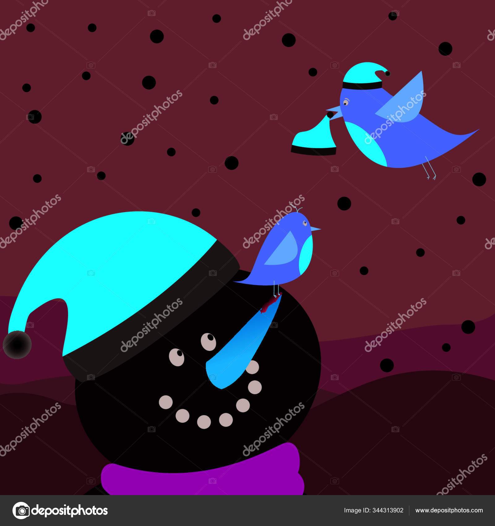 Vector Two Red Robin Birds Snowman Snowy Background Stock Vector by ...