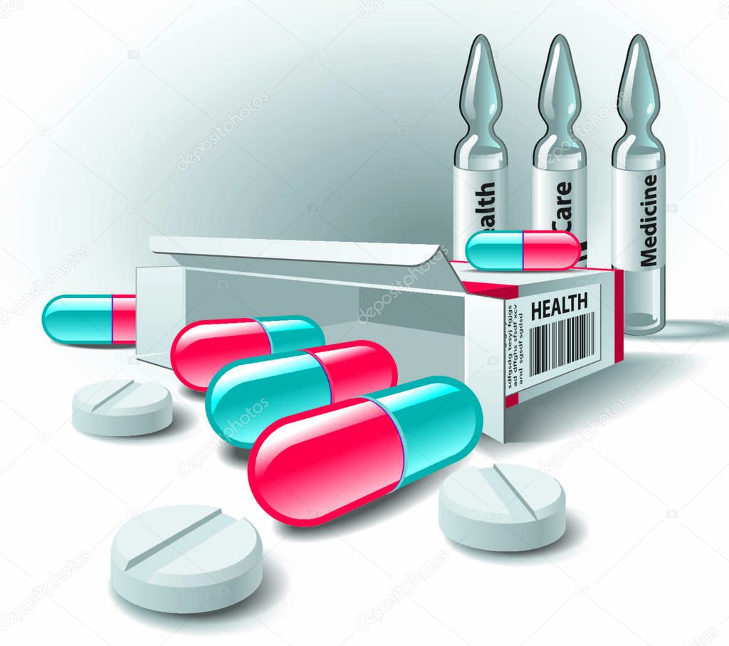 Pastillas, tabletas, cajas y ampollas sobre fondo blanco. Ilustración ...