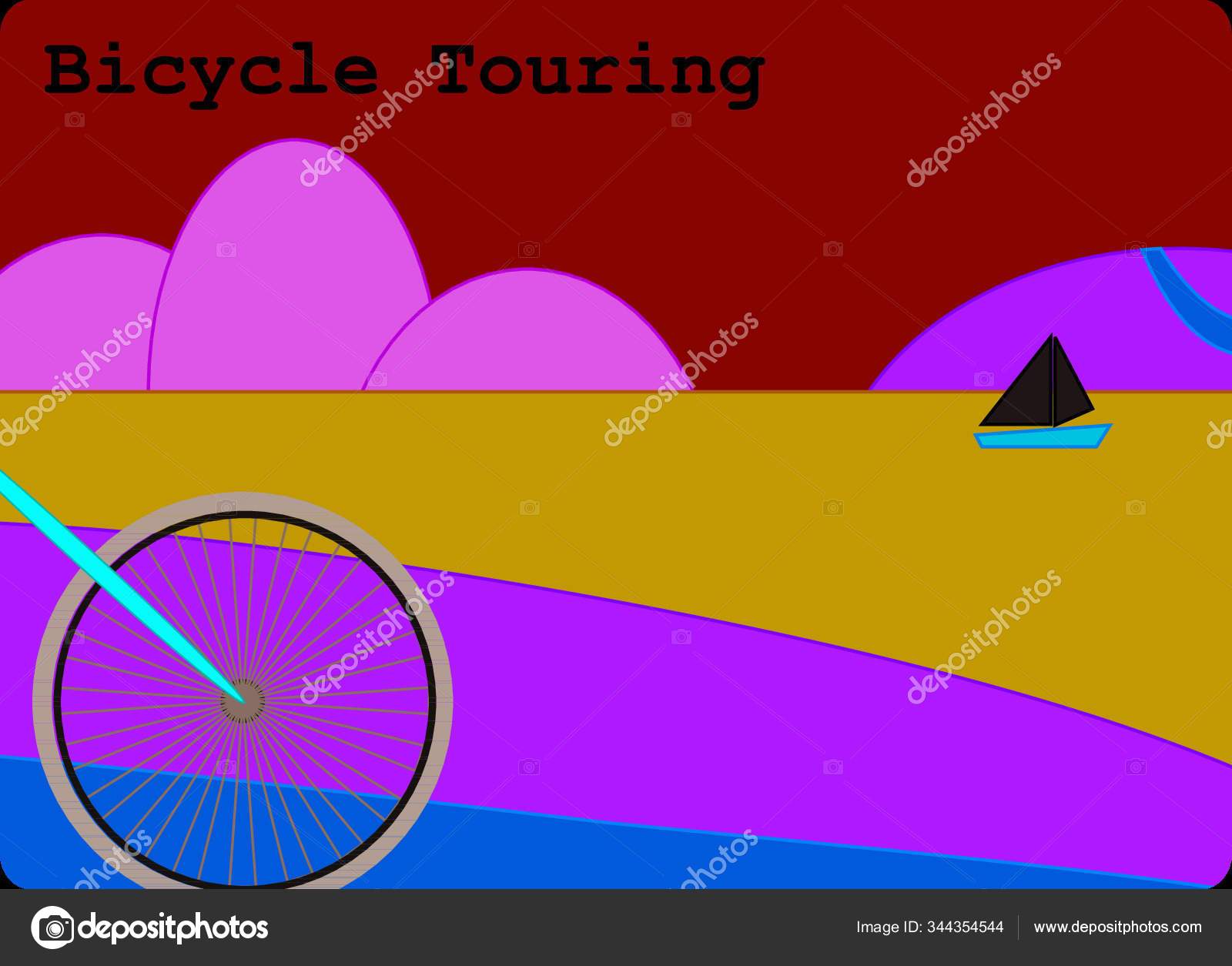 Bicycle Touring Illustration Front Wheel Panoramic Road Side Lake Sea ...
