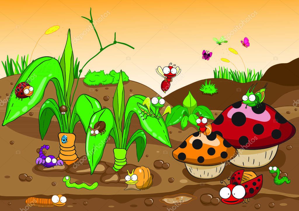 Familia de insectos en el suelo y el rbol. Dibujos animados y vector de ...