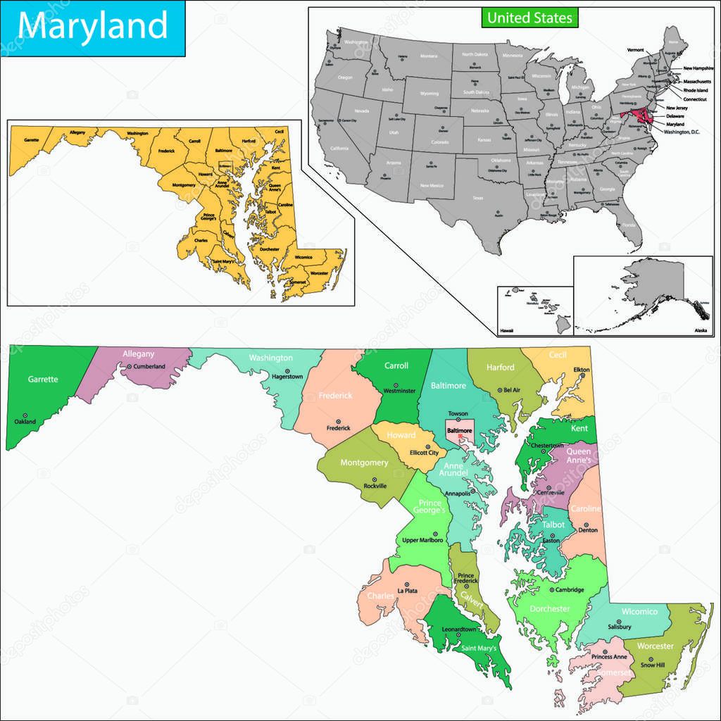 Mapa de Maryland estado diseñado en ilustración con los condados y las ...