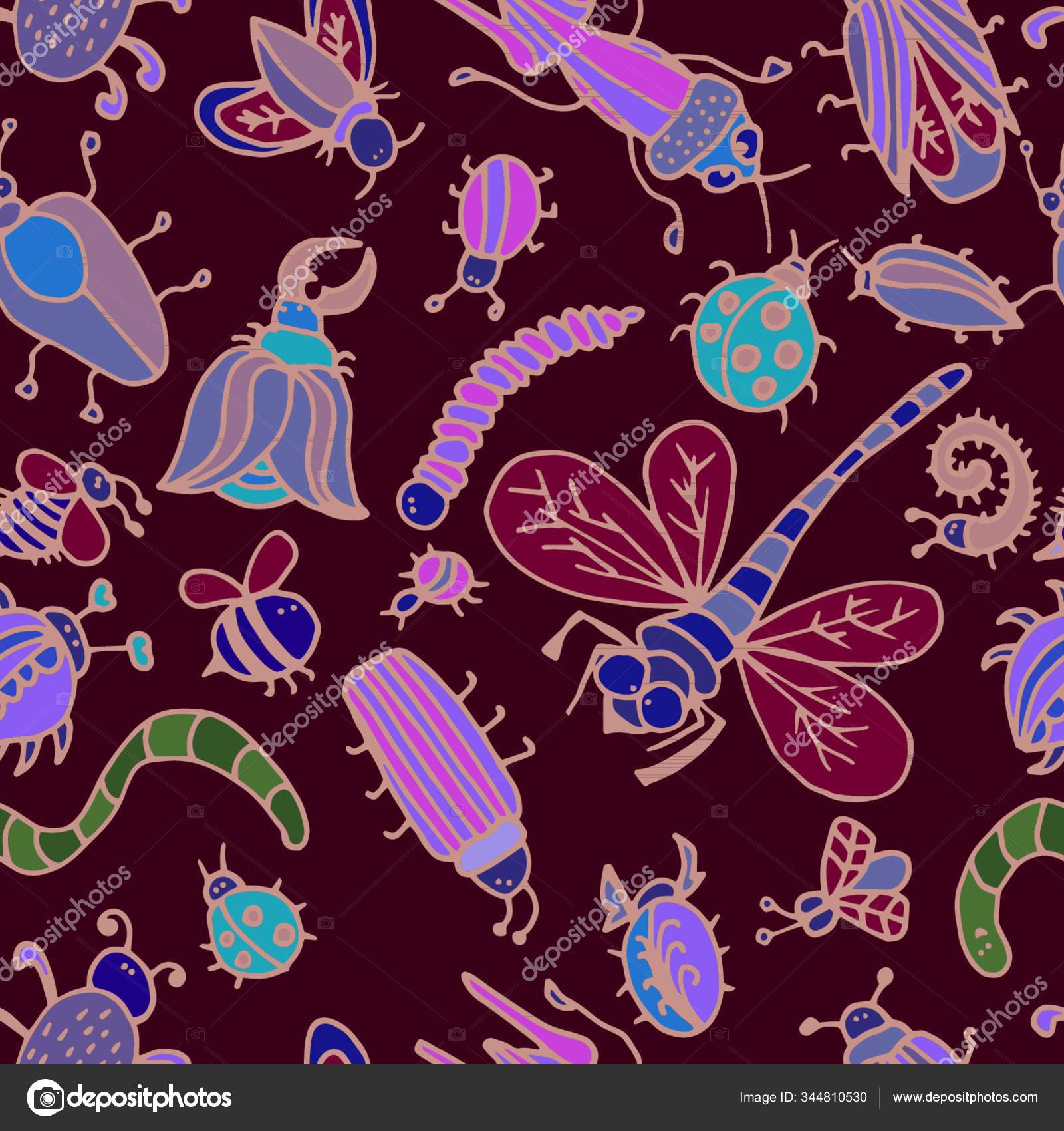 Cute Cartoon Insect Pattern Summer Concept Texture Colorful Vector ...