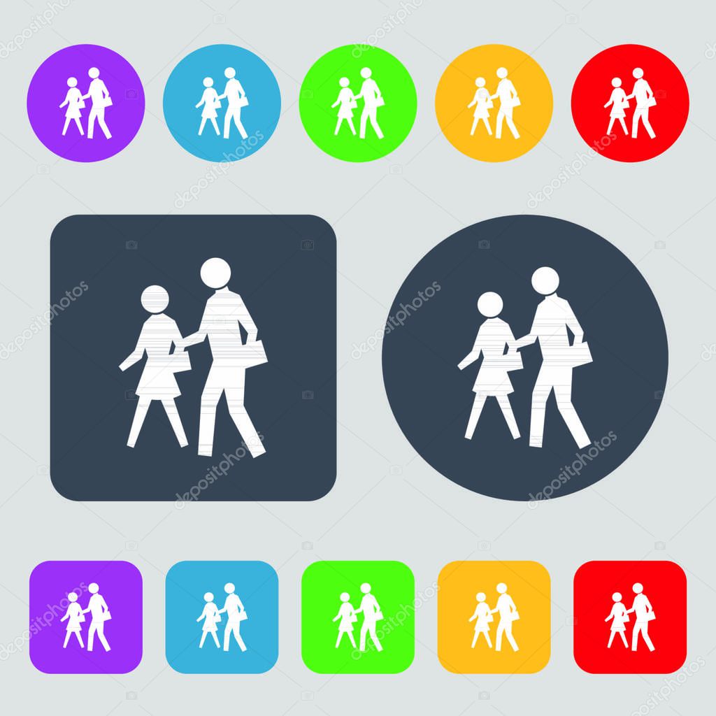 señal de icono de paso cruzado. Un conjunto de 12 botones de colores ...