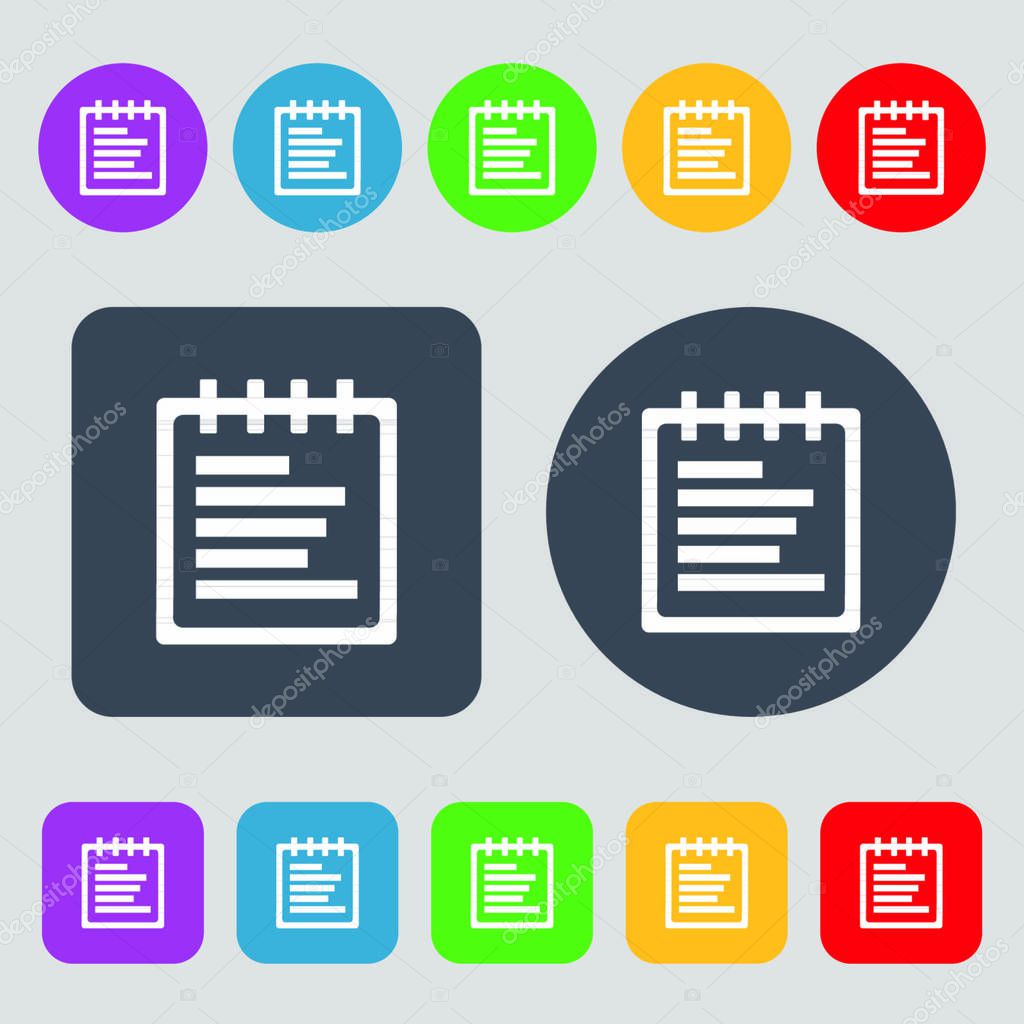 Señal de icono del bloc de notas. Un conjunto de 12 botones de colores ...