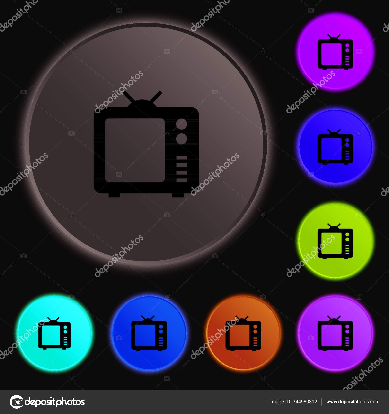 Old Television Icon Sign Symbol Eight Flat Buttons Vector Illustration ...