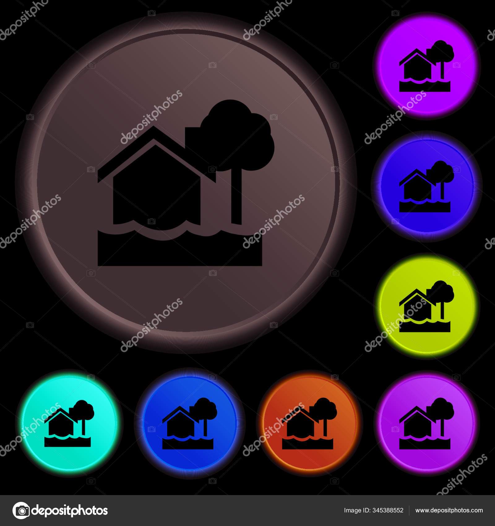 Flooding Home Icon Sign Symbol Eight Flat Buttons Vector Illustration ...