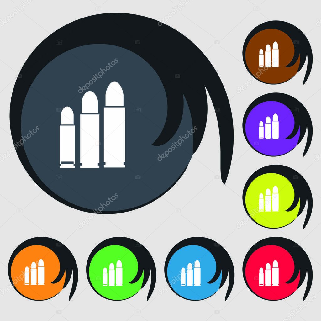 signo de icono de bala. Símbolos en ocho botones de colores ...
