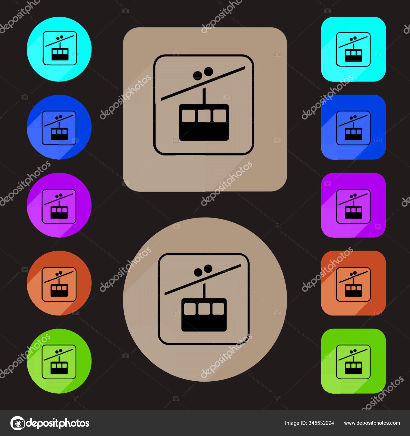 Cable Car Line Icon Sign Set Colored Buttons Long Shadow Stock Vector ...