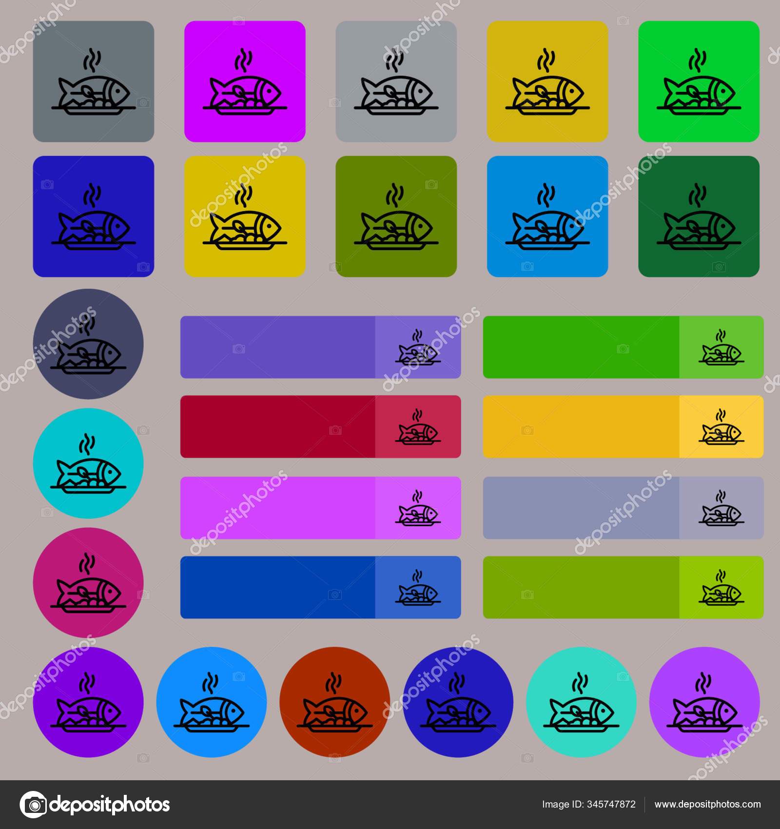 Hot Fish Grill Icon Sign Set Twenty Seven Multicolored Flat Stock ...