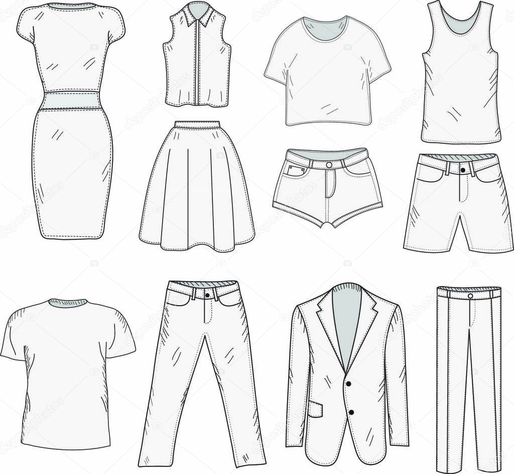Bosquejo de conjuntos de ropa para hombres y mujeres. Ropa, dibujo a ...