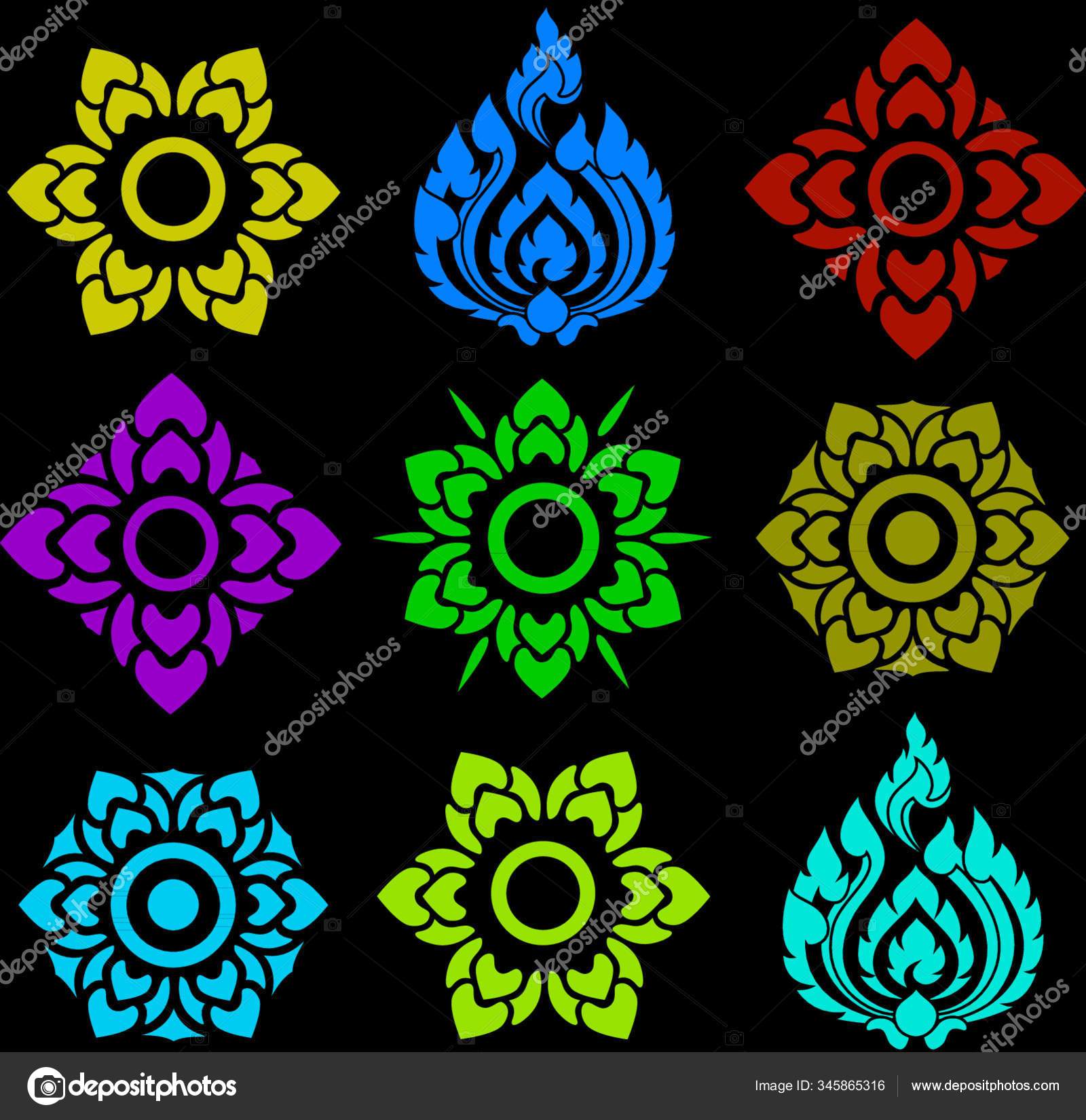 Colorful Floral Leaves Thai Pattern White Background Vector Set Stock ...