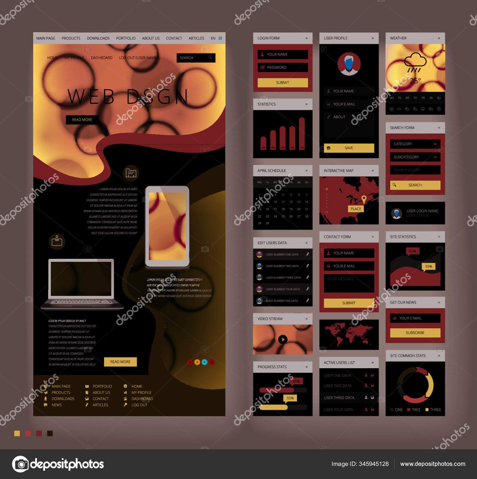 Website Template Design Interface Elements Bokeh Defocused Backgrounds Vector Illustration Stock ...