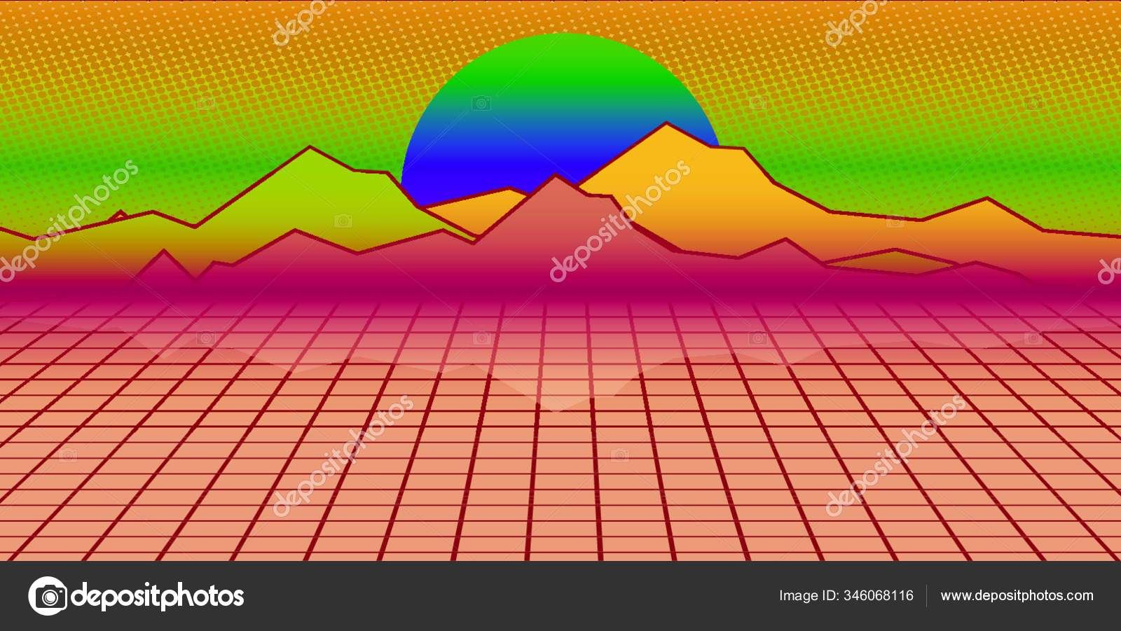 Cyberpunk Retro Computer Background Mountains Plain Sun Pop Art Vector ...