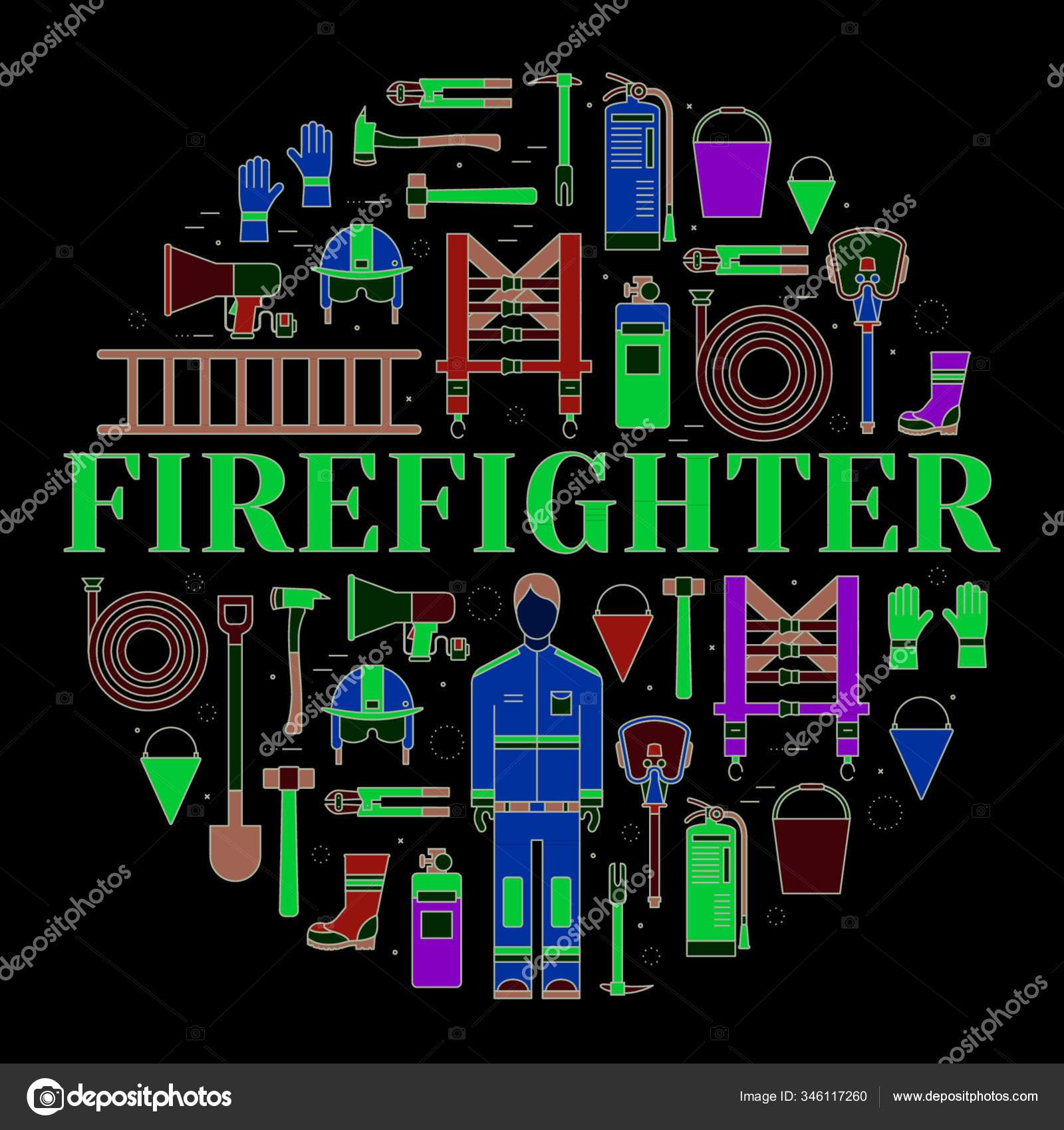 Firefighter Uniform First Help Equipment Set Instruments Flat Style ...