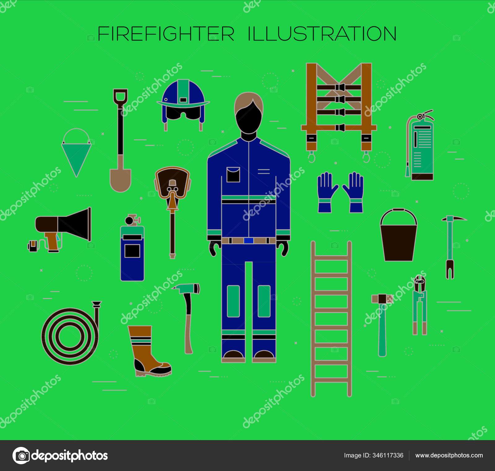 Firefighter Uniform First Help Equipment Set Instruments Flat Style ...