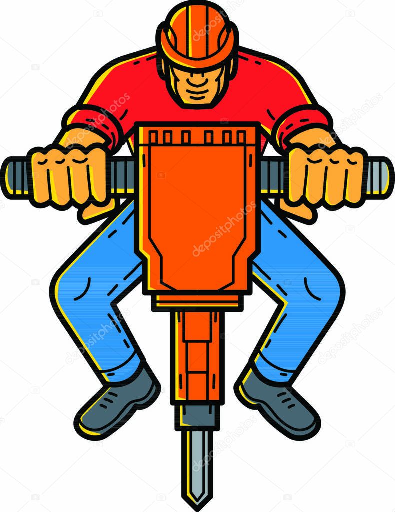 Mono línea ilustración de un trabajador de la construcción que opera ...