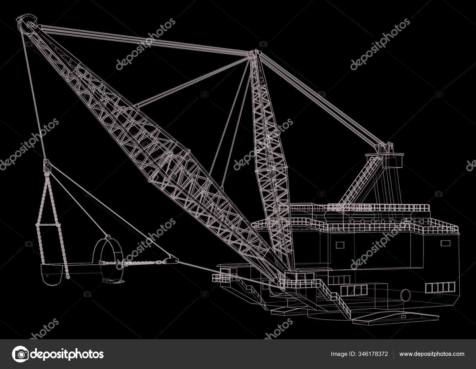 Dragline Walking Excavator Vector Rendering Wire Frame Style Layers ...