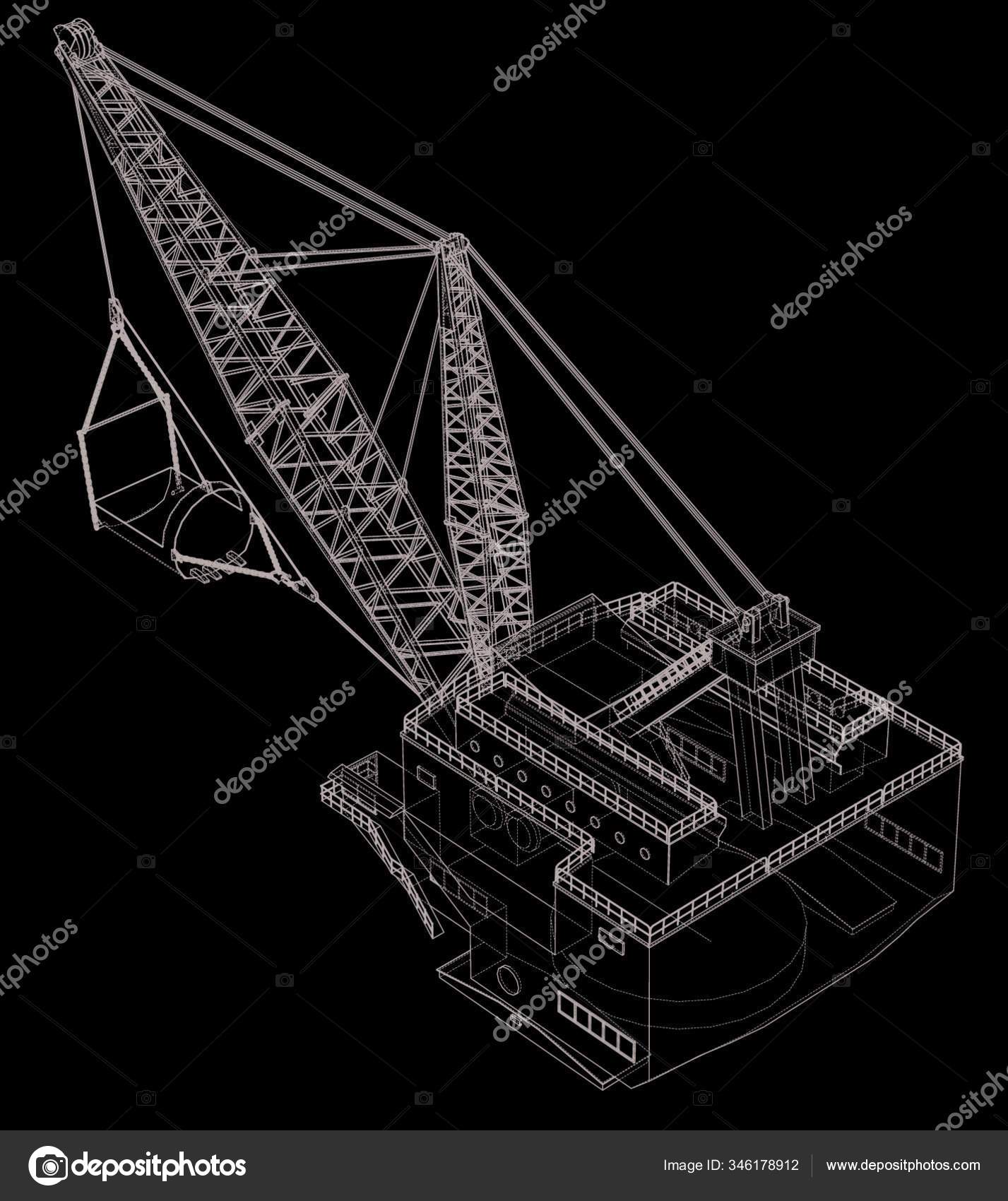 Dragline Walking Excavator Vector Rendering Wire Frame Style Layers ...