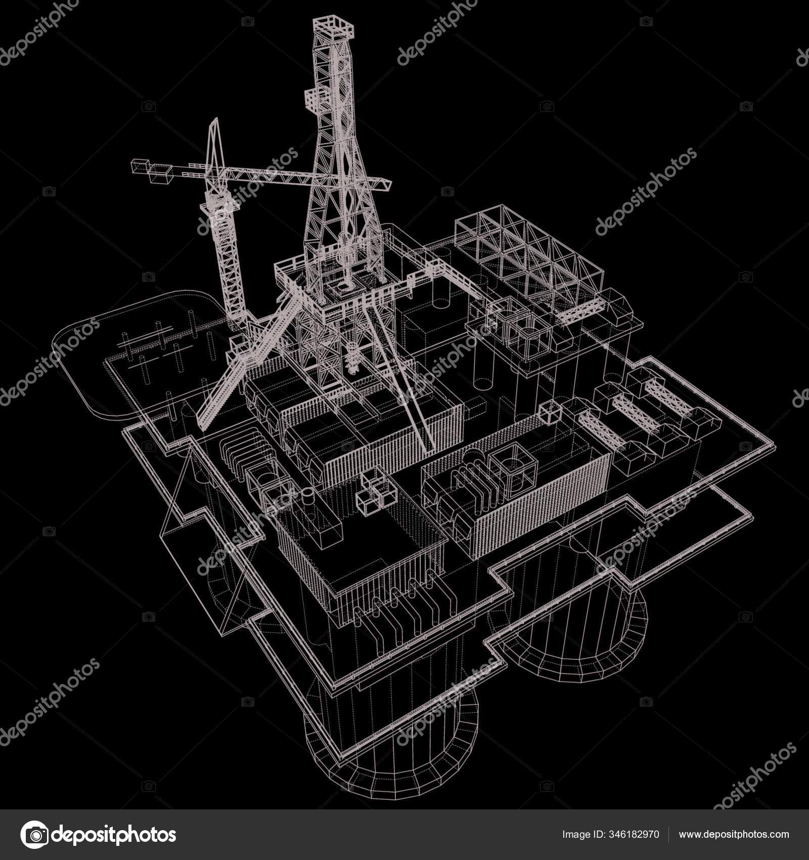 Offshore Oil Rig Drilling Platform Concept Vector Rendering Wire Frame ...