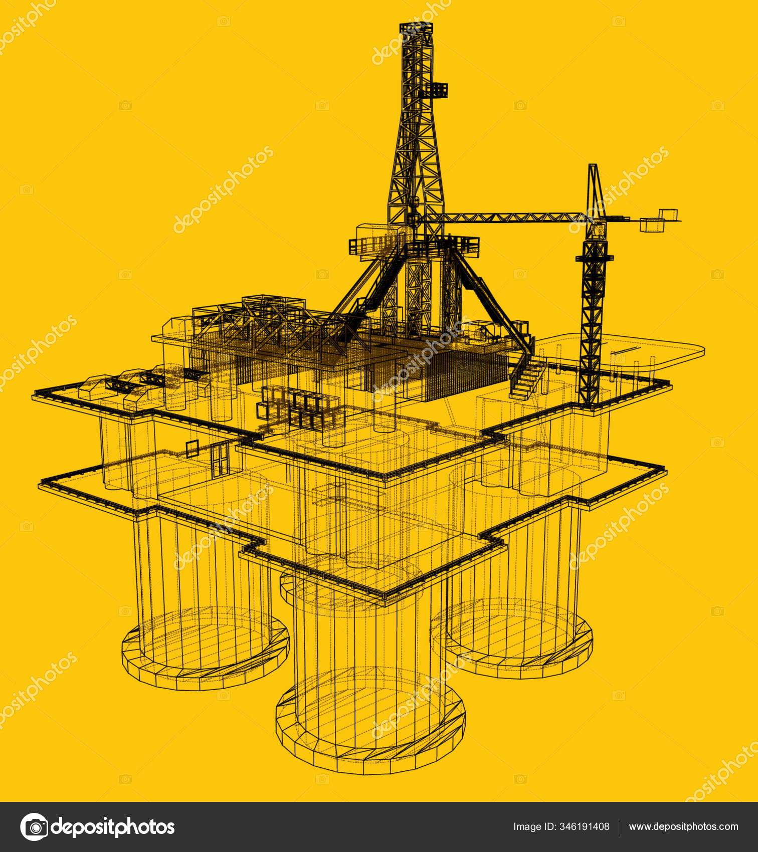 Offshore Oil Rig Drilling Platform Concept Vector Rendering Wire Frame ...
