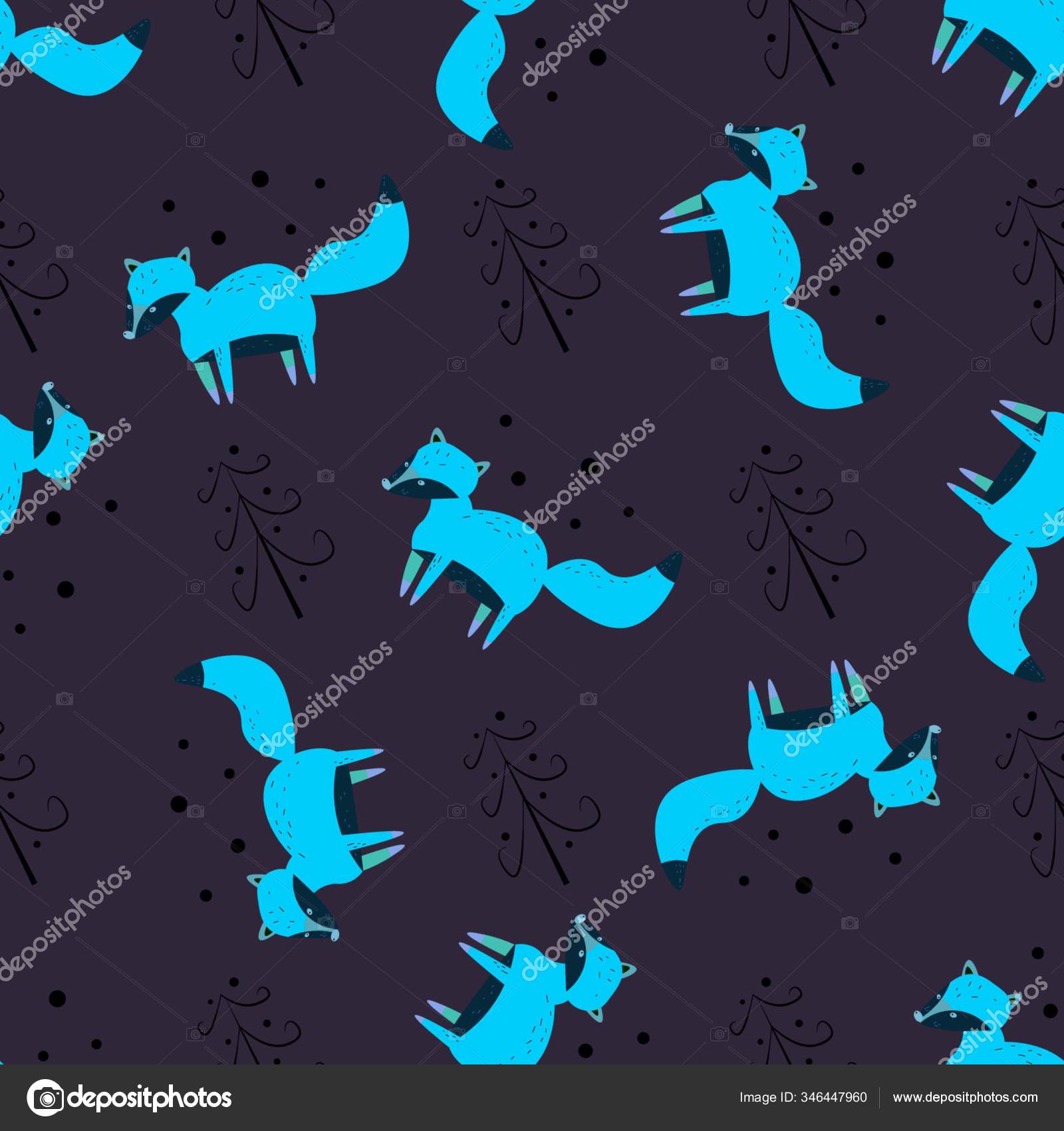 Cartoon Fun Print Cute Seamless Pattern Little Foxes Fox Tree Stock ...