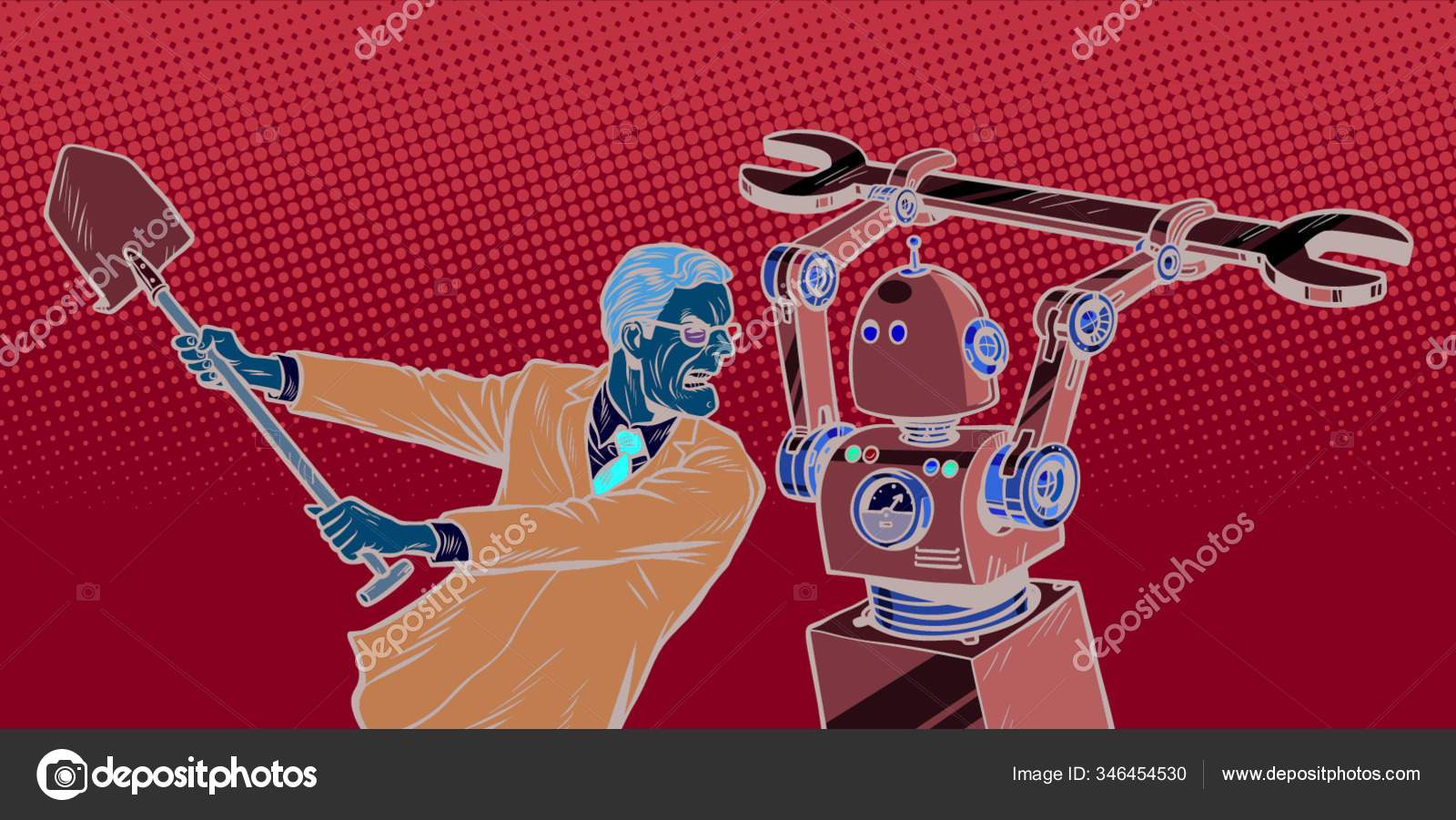 Man Fights Robot Pop Art Retro Vector Illustration Kitsch Vintage Stock ...