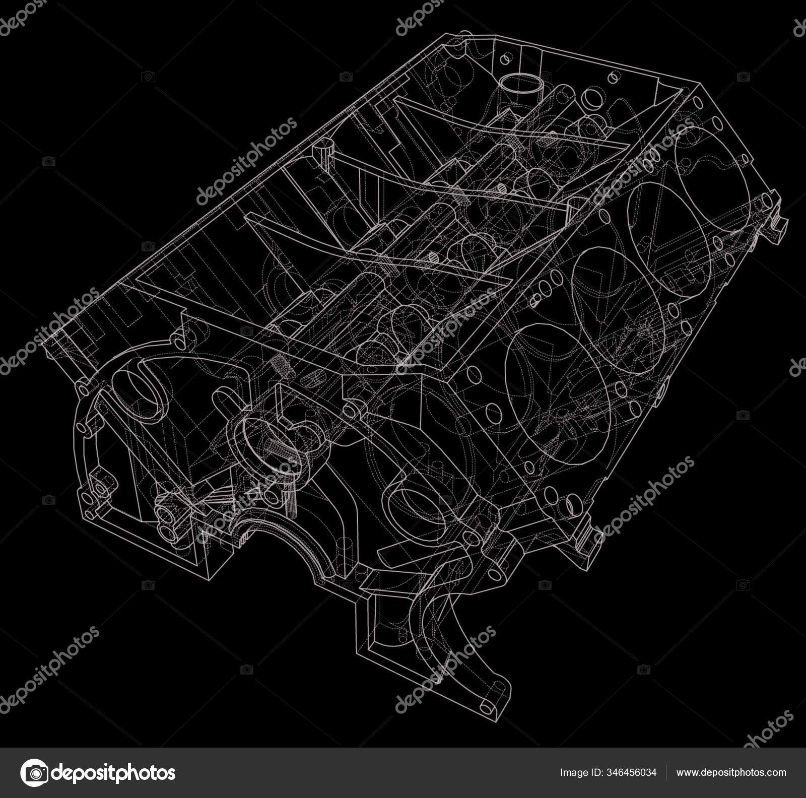 Engine Block Sketch Vector Rendering Wire Frame Style Layers Visible ...