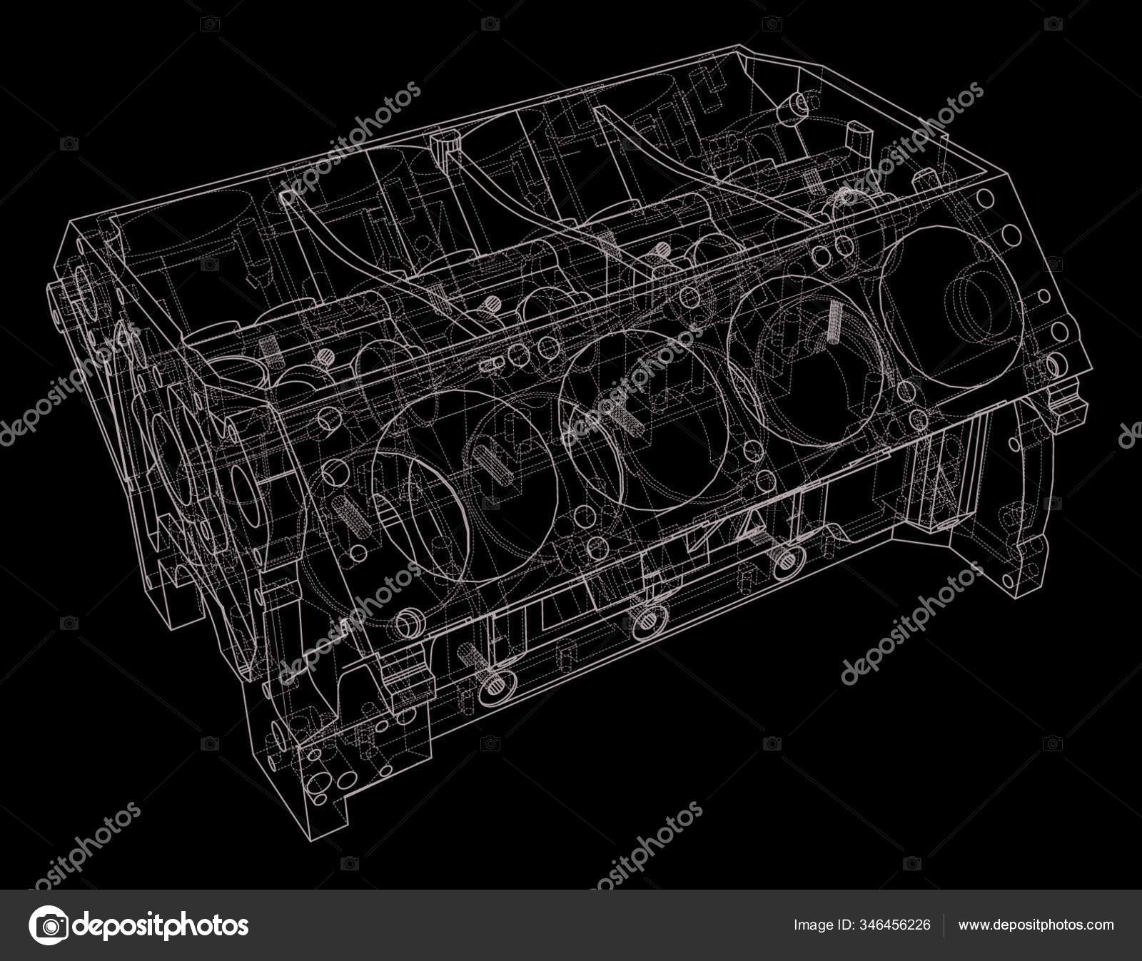 Engine Block Sketch Vector Rendering Wire Frame Style Layers Visible ...