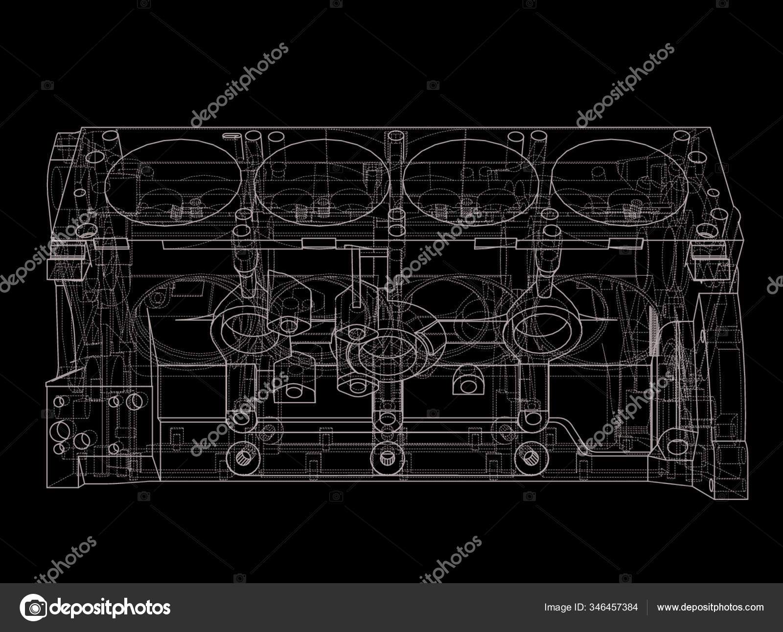 Engine Block Sketch Vector Rendering Wire Frame Style Layers Visible ...
