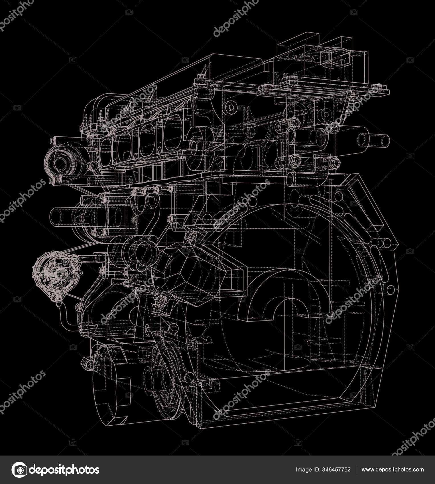 Engine Sketch Vector Rendering Wire Frame Style Layers Visible ...
