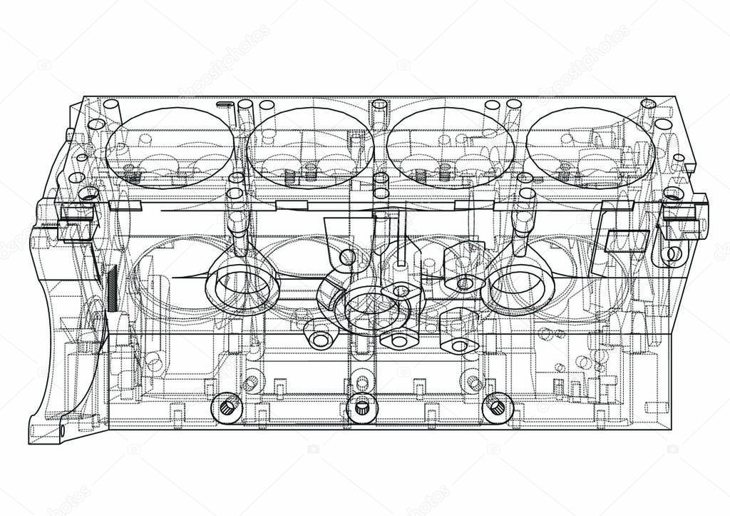 Esbozo del bloque del motor. Representación vectorial de 3d. Estilo de ...
