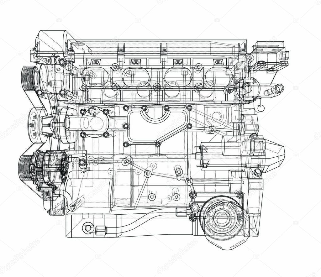 Esbozo del motor. Representación vectorial de 3d. Estilo de marco de ...