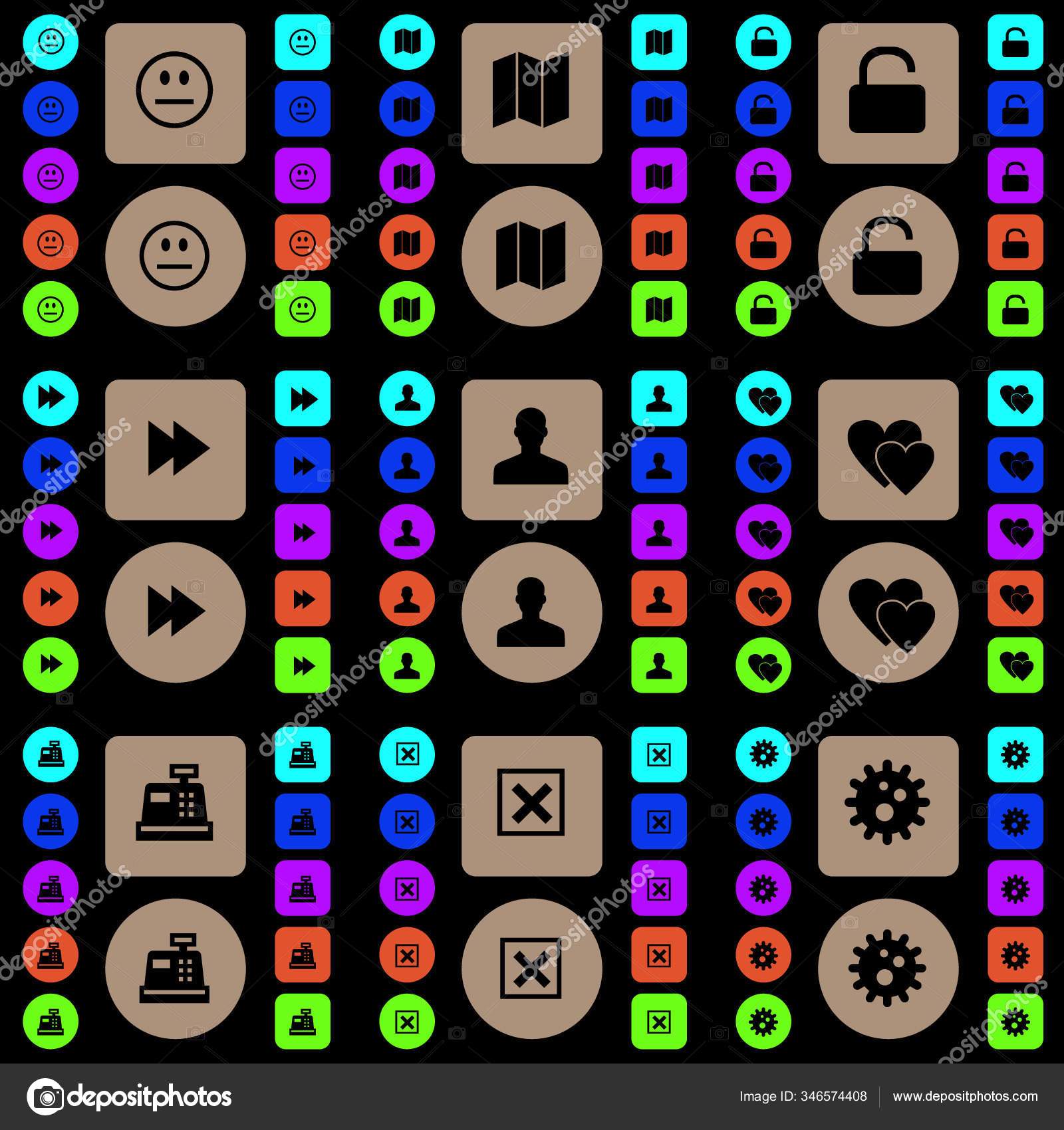 Smile Map Lock Rewind Avatar Heart Cash Stop Gear Icon Stock Vector by ...