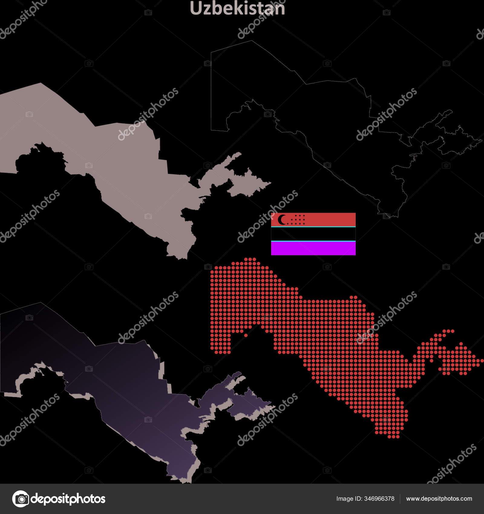 Uzbekistán Blanco Esquema Detallado Mapa Conjunto Vector Gráfico