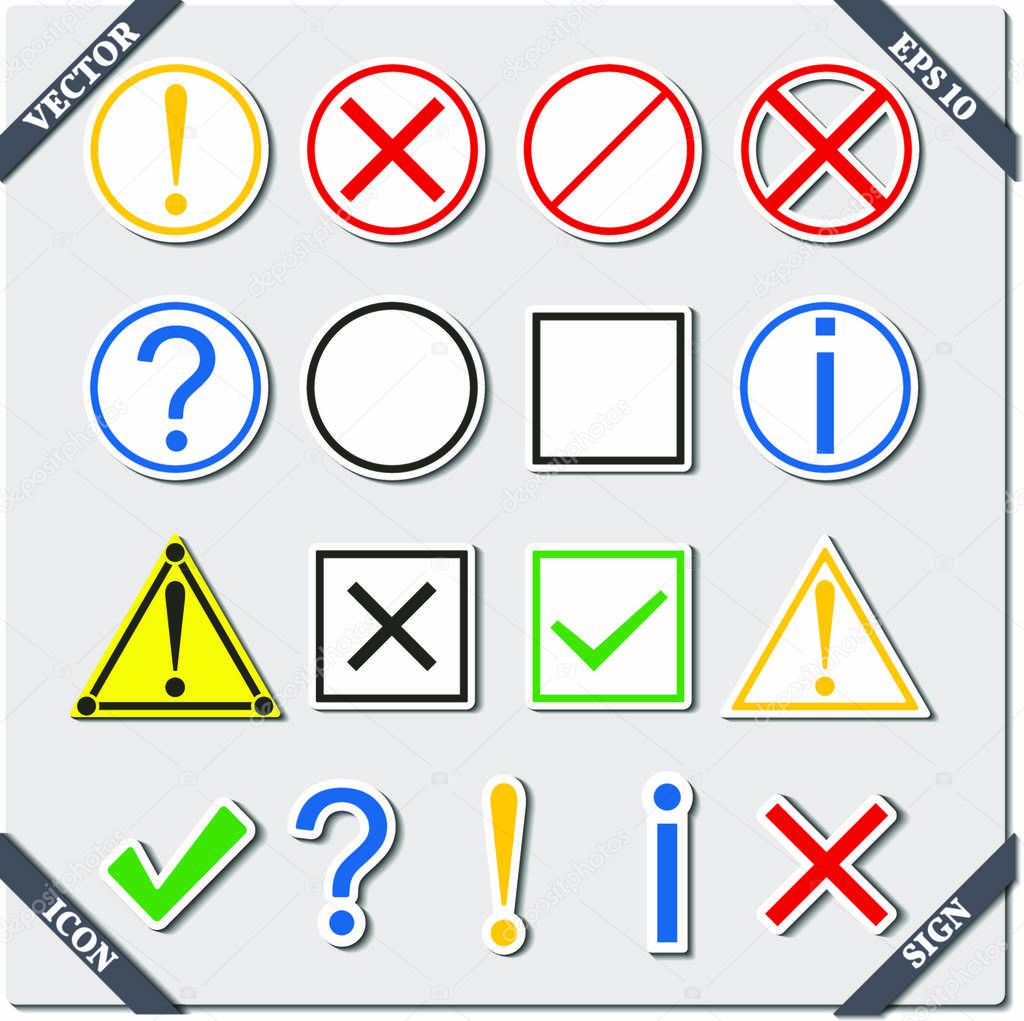 Conjunto de iconos y signos, símbolos de ayuda, información, comprobar ...