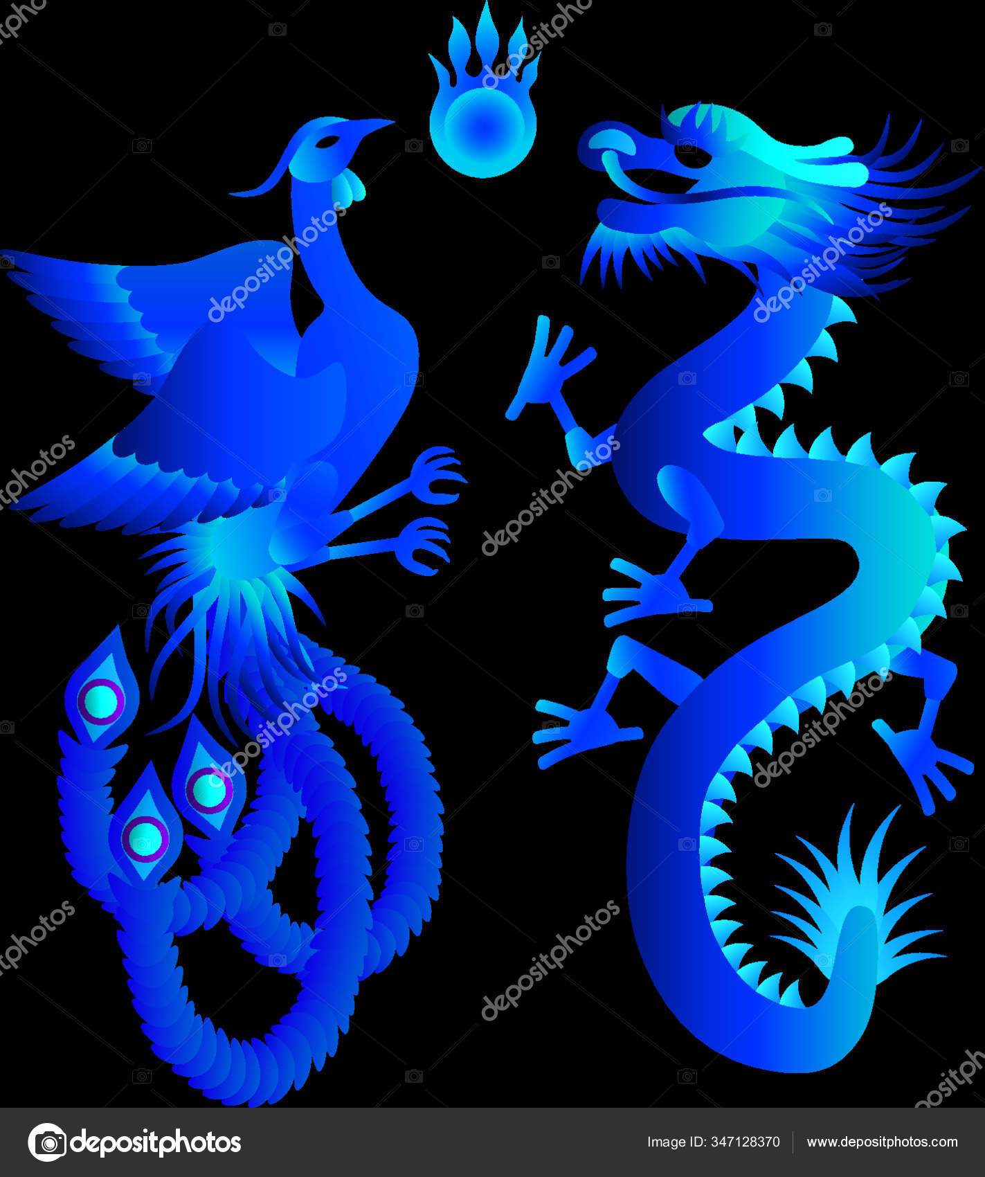 Dragon Phoenix Symbols Chinese Wedding Flaming Ball Illustration ...