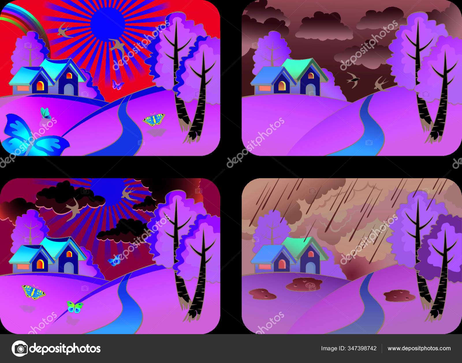 Set Different Weather Landscapes Sunny Cloudy Overcast Rainy Vector ...