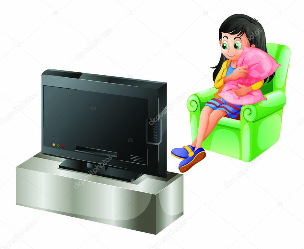 Ilustración de una joven mirando la televisión sobre un fondo blanco 2023