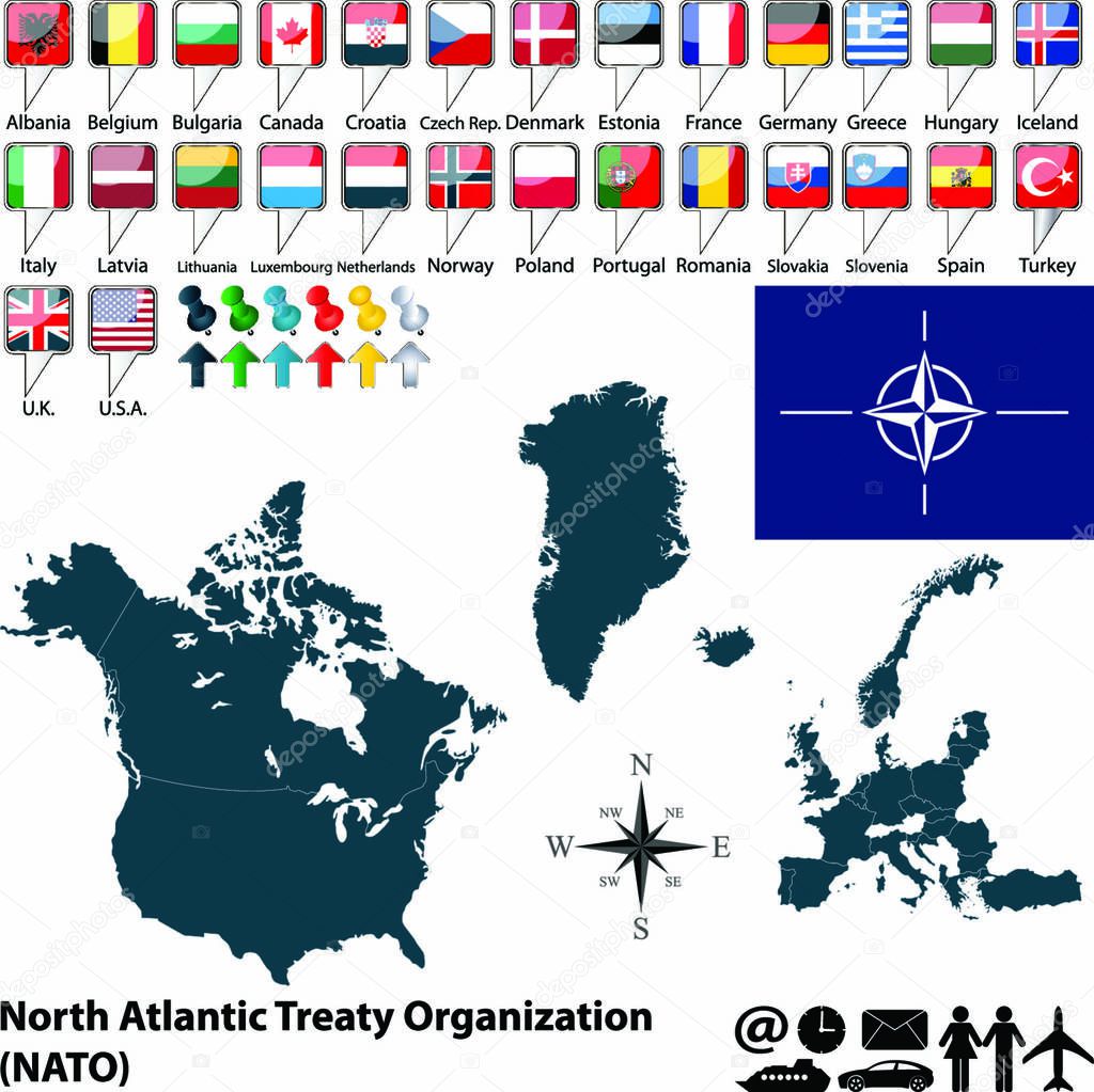 Vector de 28 miembros de la OTAN con mapas y banderas 2023